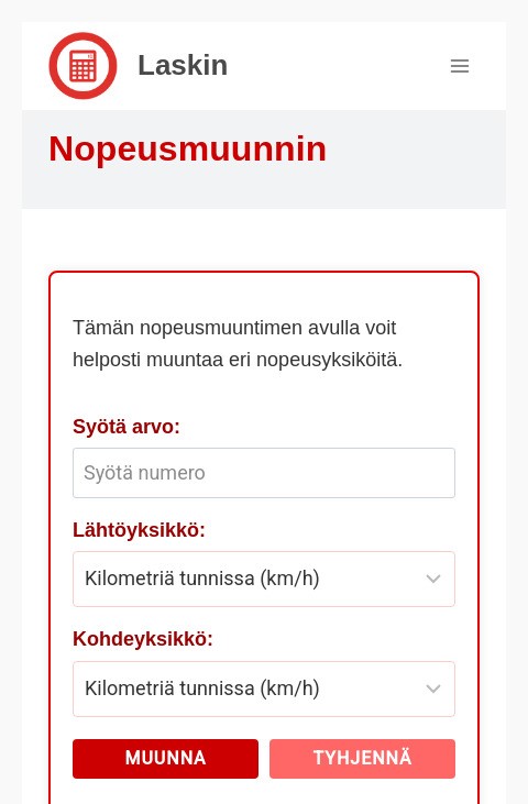 Nopeusmuunnin - Laskin